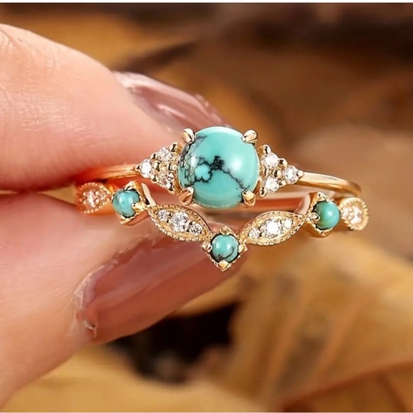 Jewelry | 14k Gold Plated Turquoise Bohemian Ring Set | Poshmark